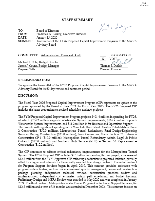 FFY25 CIP S. 625 Metro Tunnel Redundancy | MWRA